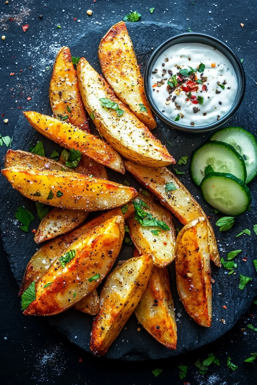 Quarter de pomme de terre avec dip de concombre